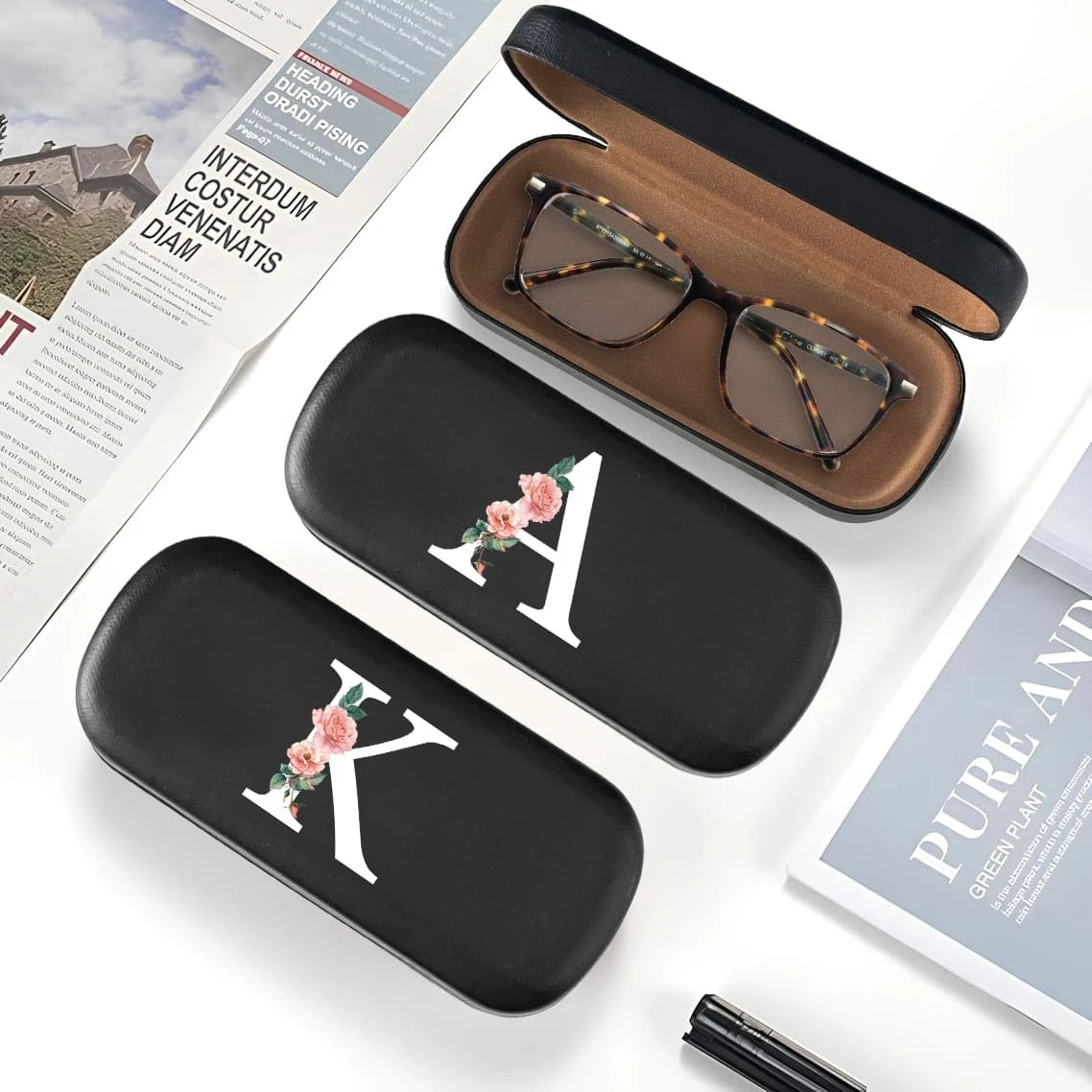 Initial Glasses Case Hard Shell - PU Leather A-Z Letter Eyeglass Case ...