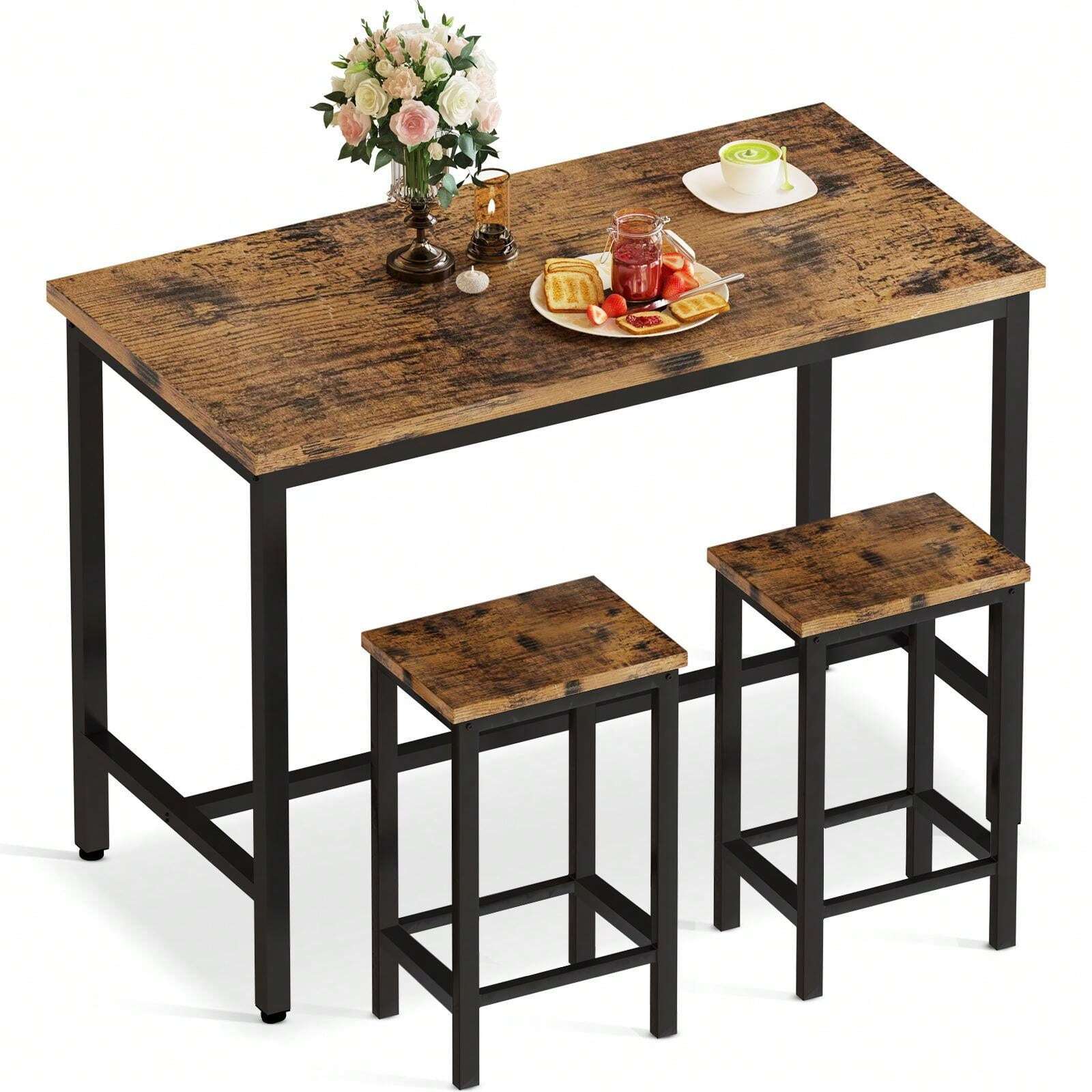 Kitchen Table Set For 2, Bar Table Set With Seating And Storage, Wooden ...