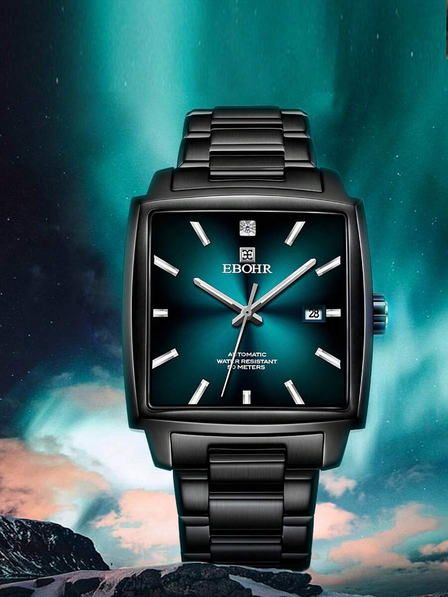 Men's Square Stainless Steel Automatic Mechanical Watch With Industrial ...