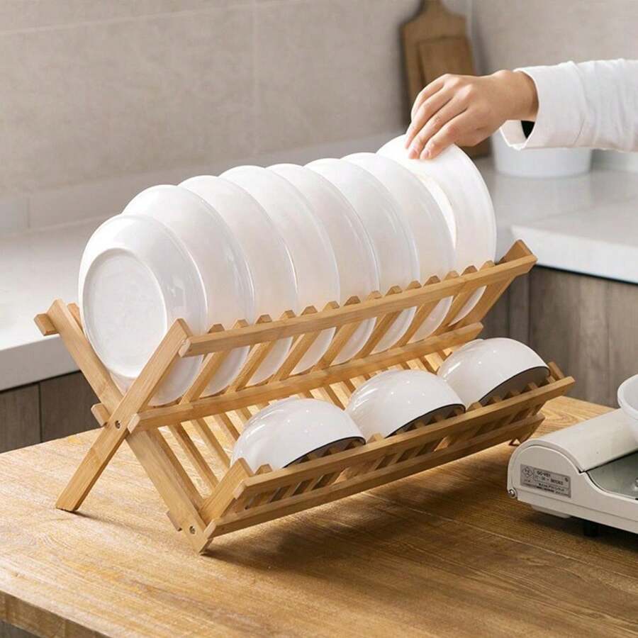1pc Bamboo Dish Rack With Drain Board, 2 Tier Foldable Dish Drying Rack ...