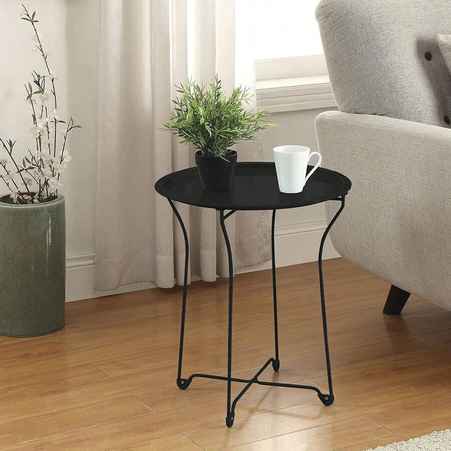 Round Metal Tray Black End Side Table, Removable Tray Outdoor & Indoor ...