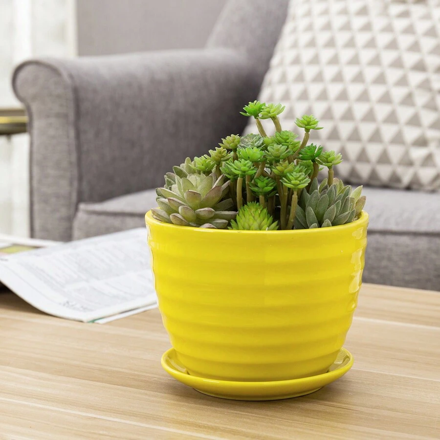 7 Inch Ceramic Yellow Flower Pot With Removable Tray And Drainage Hole ...