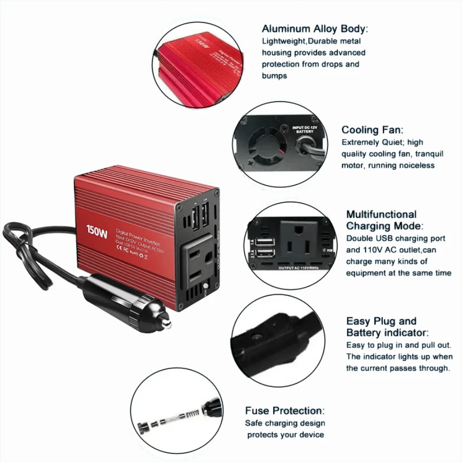 150W Car Inverter 12V DC To 110V AC Converter Adapter With 3.1A Dual USB Car Charger, For ...