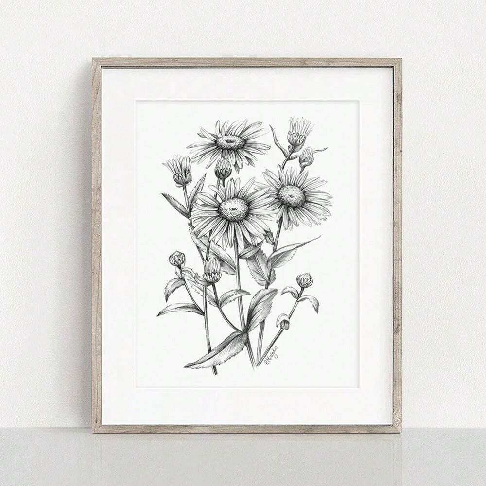 Daisies Wall Art PRINT Set Of 4, Graphite Pencil Drawing, Meadow ...