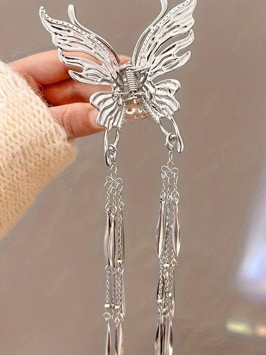 1pc Cool-Toned Silver Tassel Butterfly Hair Claw Clip For Women, Ideal ...