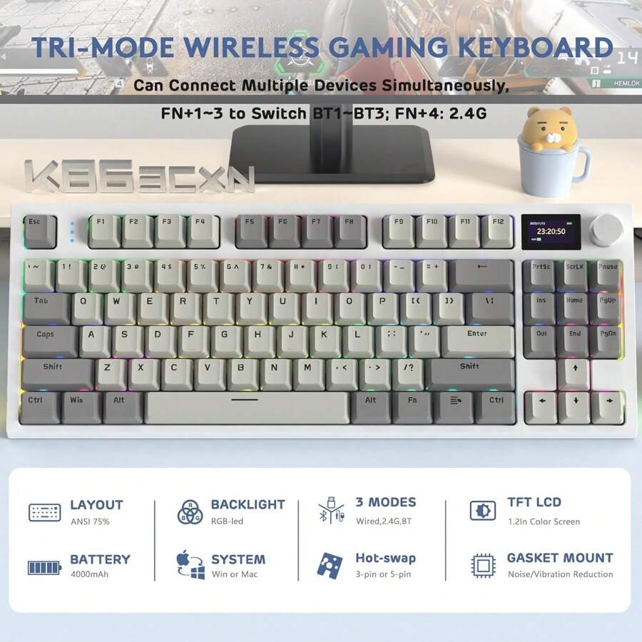 RK86 RGB 75% Wireless Gasket Mechanical Keyboard,Triple Mode BT5.0/2.4G ...