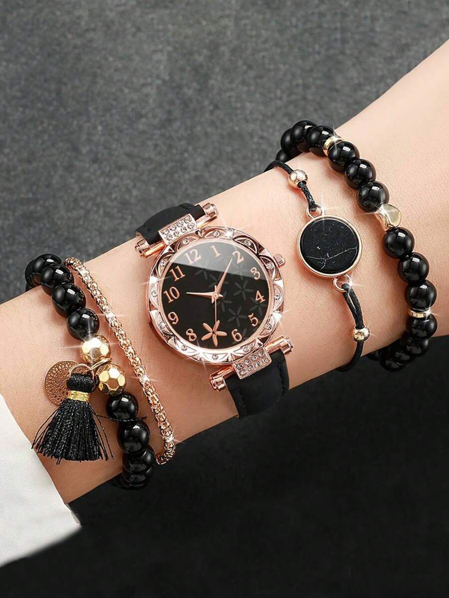 5pcs/Set Women's Watch & Fashion PU Strap Quartz Watch And Bracelet ...