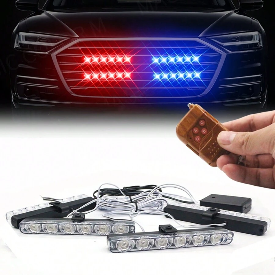 6LED*4 Car Led Grid Police Strobe Light With Remote Super Bright 12V Front Grille Auto Emergency ...