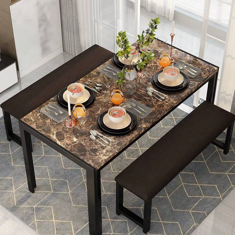 4-Person Dining Table Set, Dining Room Table Set With 2 Upholstered ...