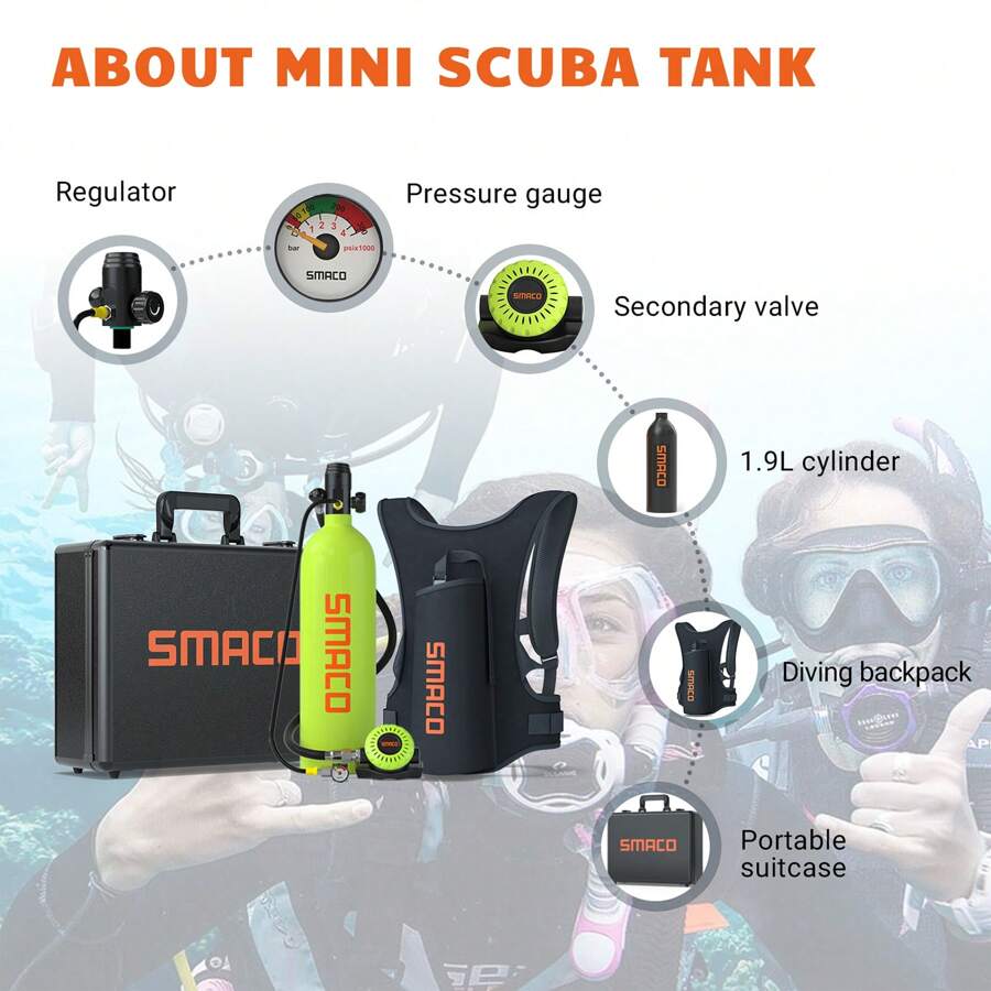 SMACO SMACO S700 Mini Scuba Tank & Scuba Adapter Package 1.9L Portable ...