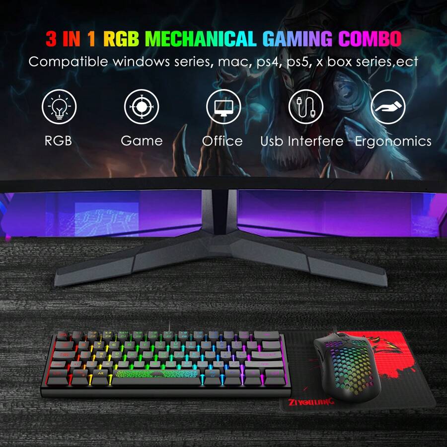 MAMBASNAKE K61-60% Compact Gaming Keyboard And Mouse Set Mechanical ...