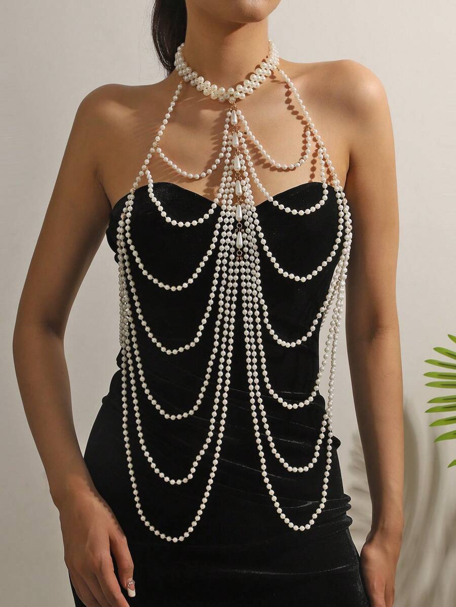 1pc Handmade Elegant Multi-Layer (Faux) Pearl Body Chain, Adjustable ...
