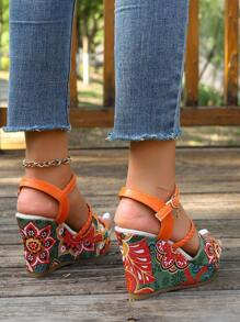 Women's Wedge Heel Thick-Soled Sandals, Random Patterns, Orange Buckled ...