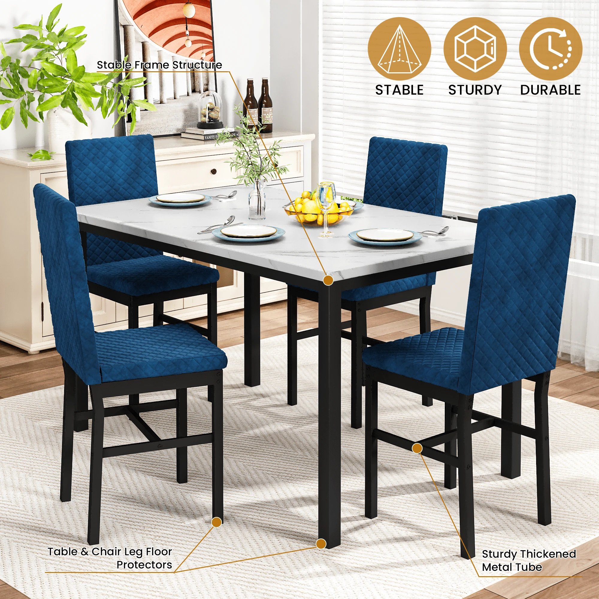 5-Piece Dining Table And Chair Sets, Mid-Century Modern Style Faux Marble Table Top Dining Room ...