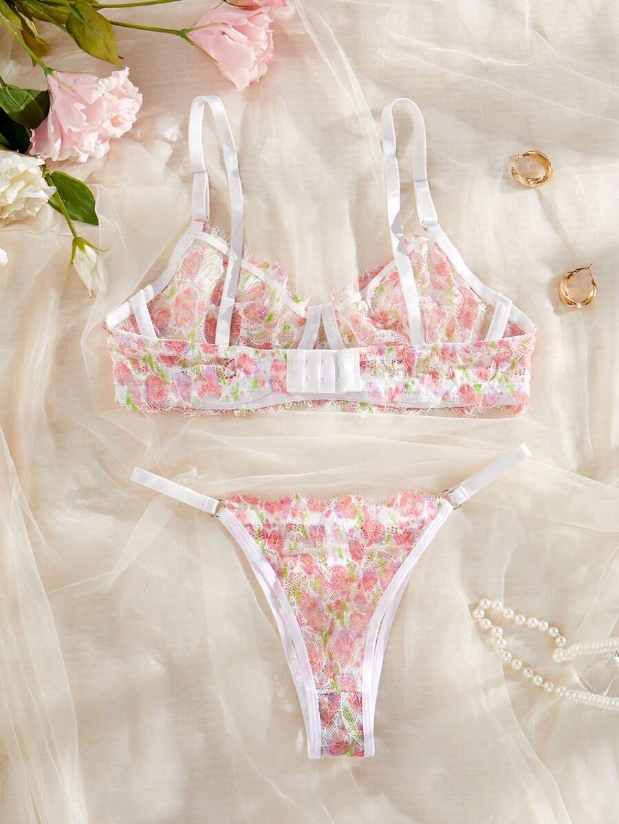 Women's Pink Flower Embroidery & Patchwork Bra And Panties Set With ...