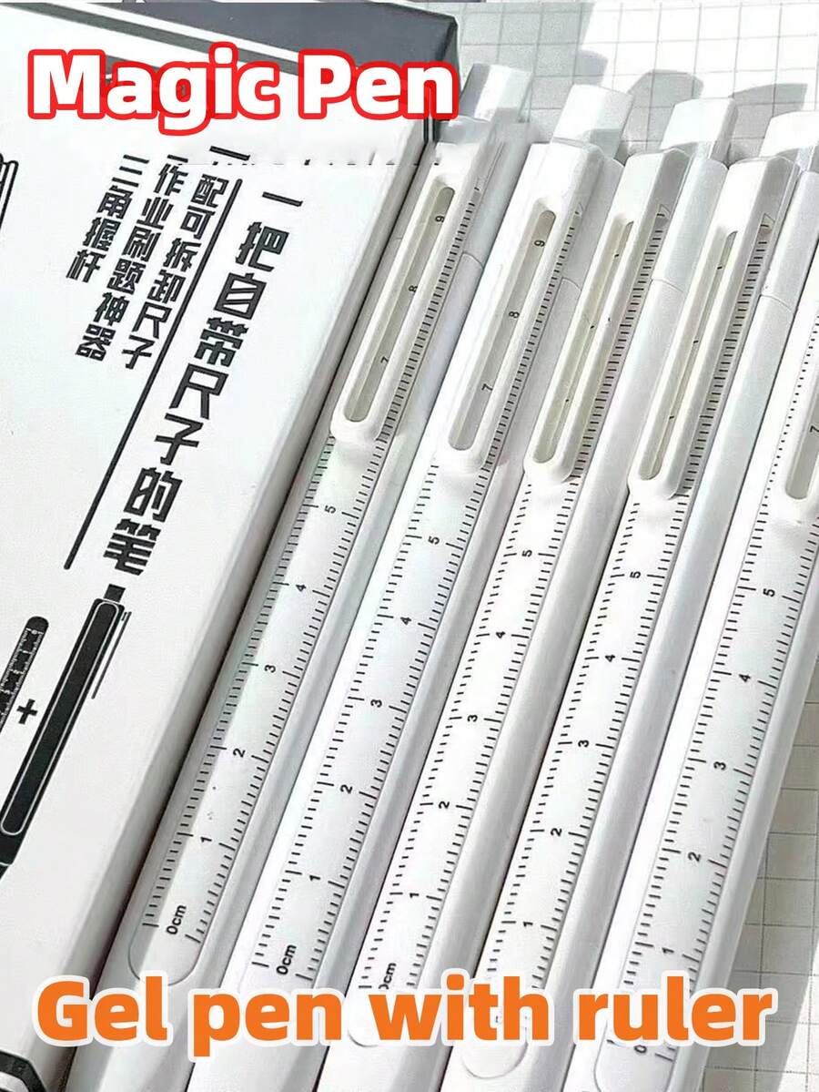 1box/5pcs Magic Pressing Neutral Pens With Built-In Ruler, Black Ink 0 ...