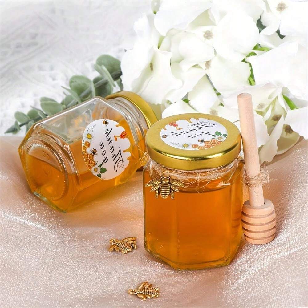 Elegant Hexagonal Mini Glass Jars With Golden Lids And Wood Dippers ...