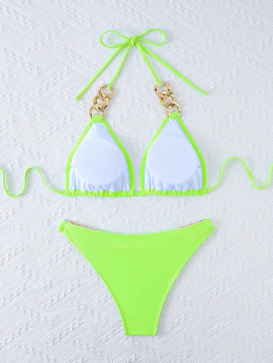 Womens Summer Beach Solid Color Chain Spaghetti Strap Sexy Bikini Set