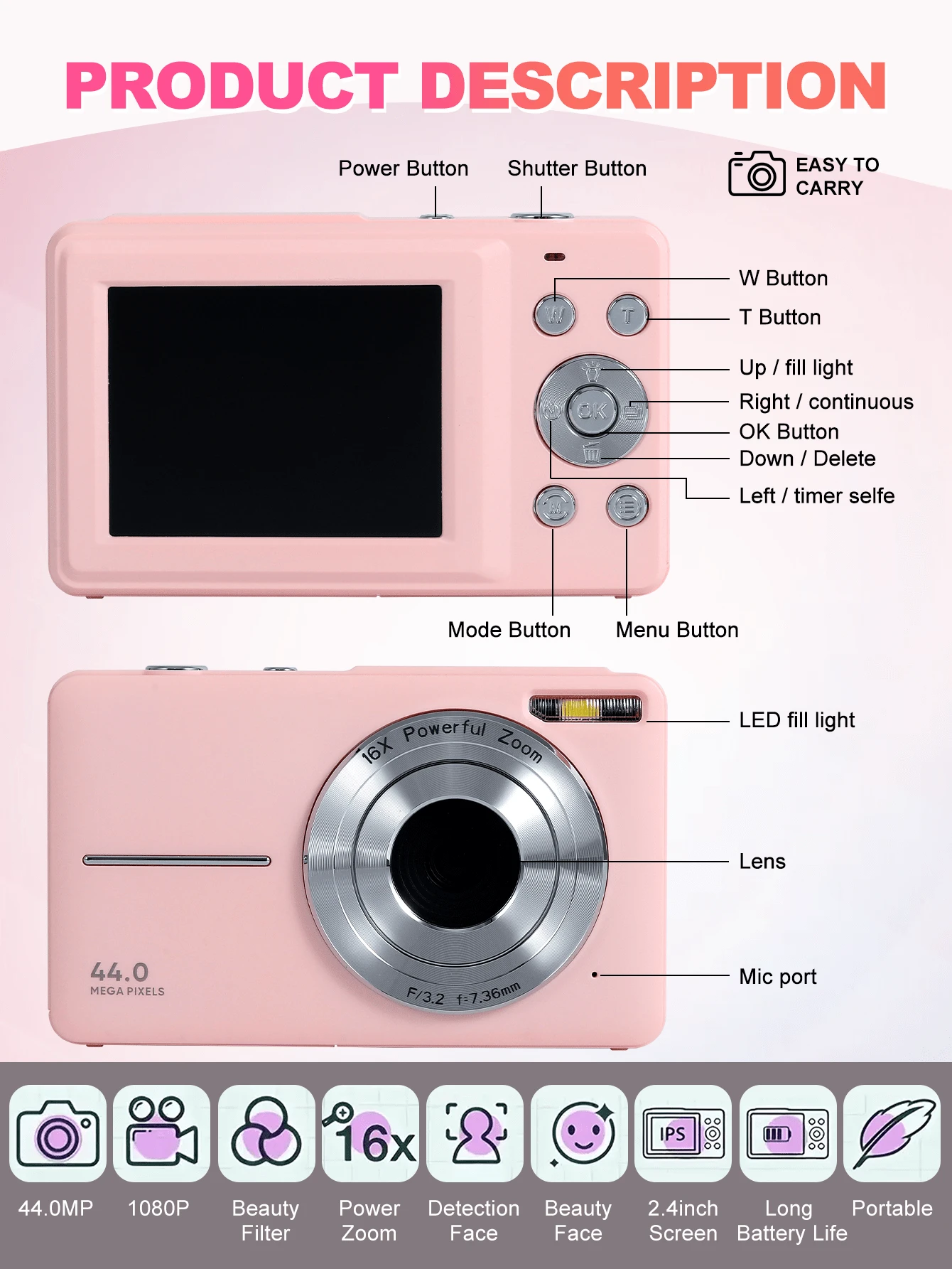 44MP 1080P HD Digital Camera 16X Digital Zoom Cameras For Vlogging 2.4 ...