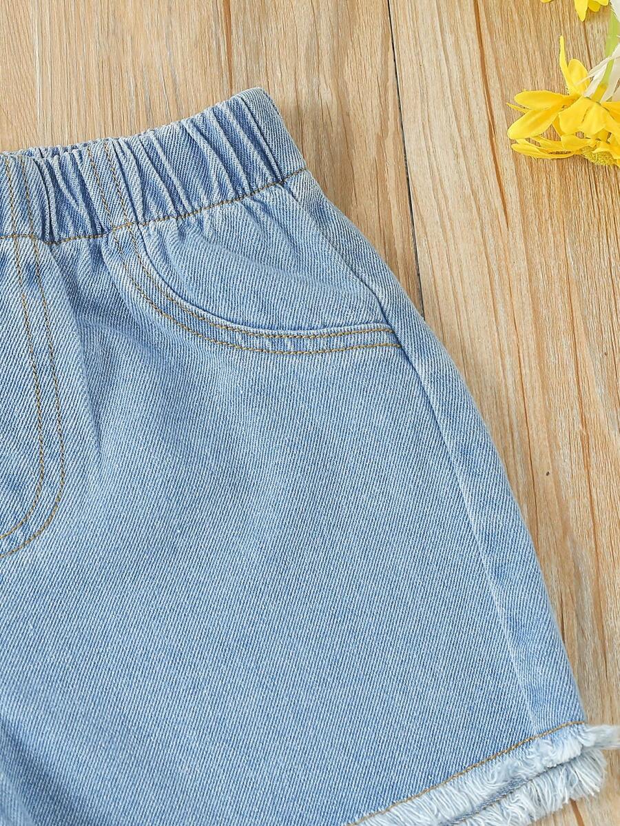 Plumeria Printed Frayed Hem Denim Shorts With Elastic Waistband And ...