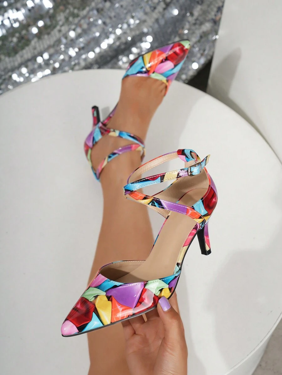 Multi-Colored Satin Crossed High Heels With Pointed Toe And Thin Heel ...
