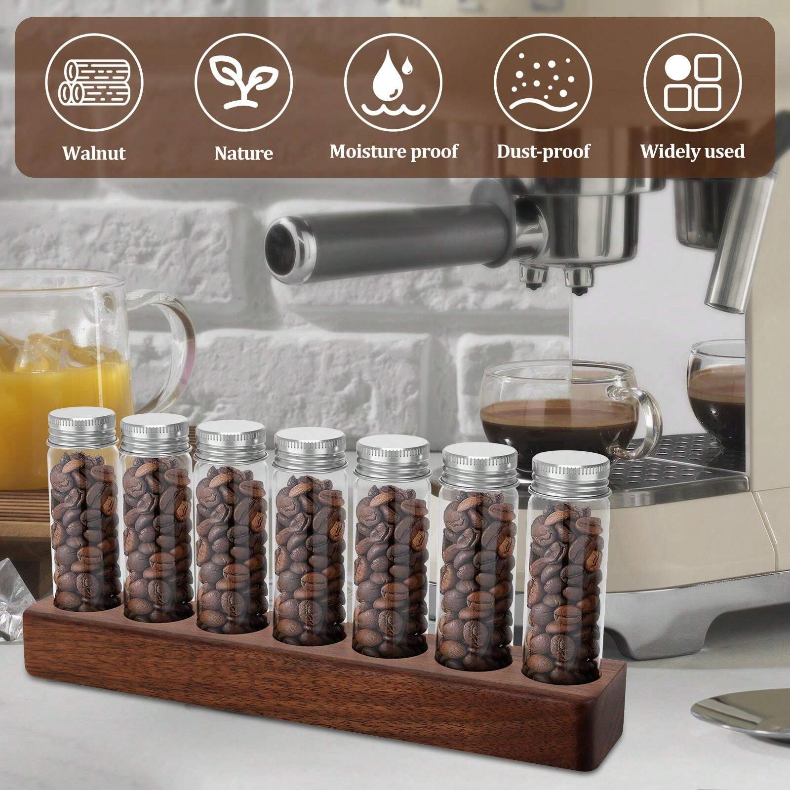 7Pcs Coffee Bean Storage Tubes With Walnut Wood Display Stand Portable ...