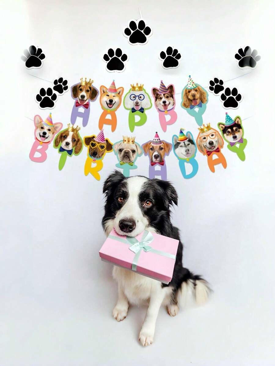 1 Set, Happy Birthday Banner With Dog Faces And Paws, 3D Garland For ...