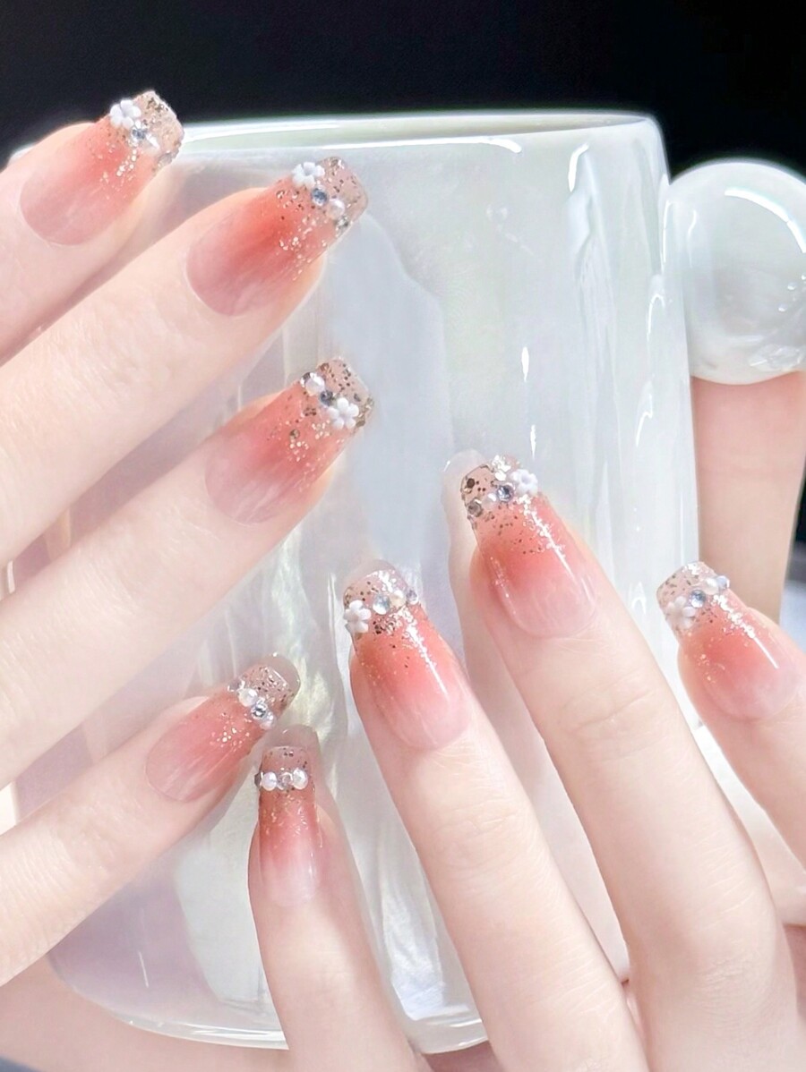24pcs Fake Nail Stickers Set, Coffin Ballerina Style In Medium Length ...