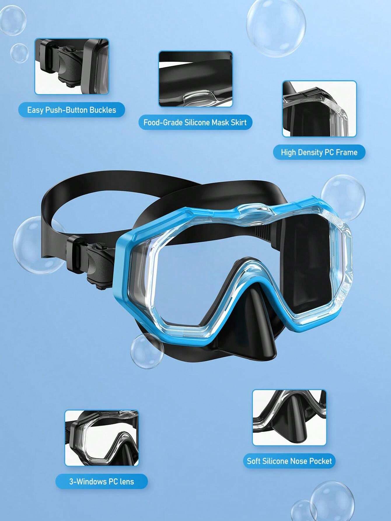 Snorkel Mask 3 Windows Panoramic Wide View HD Three-Lens Adjustable ...