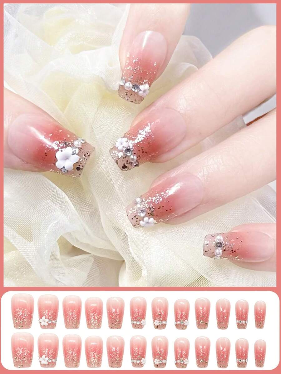 24pcs Fake Nail Stickers Set, Coffin Ballerina Style In Medium Length ...