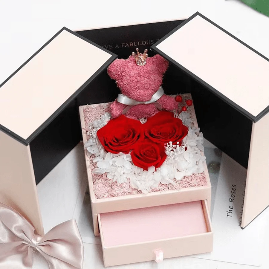 A Box Of Preserved Rose Craft, Cute Bear Gift For Lover Or Mother's Day ...