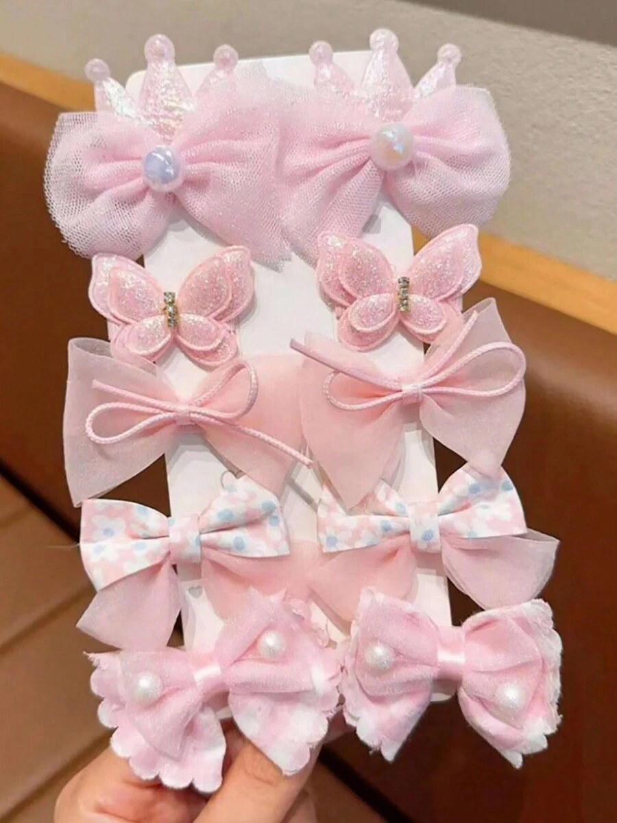 10pcs/Set Pink Princess Crown, Bowknot Hair Clips & Barrettes For Girls ...