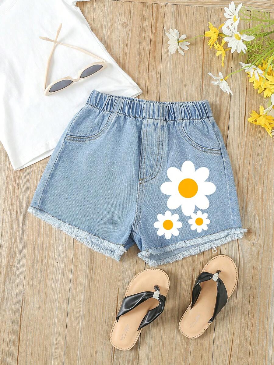 Plumeria Printed Frayed Hem Denim Shorts With Elastic Waistband And ...