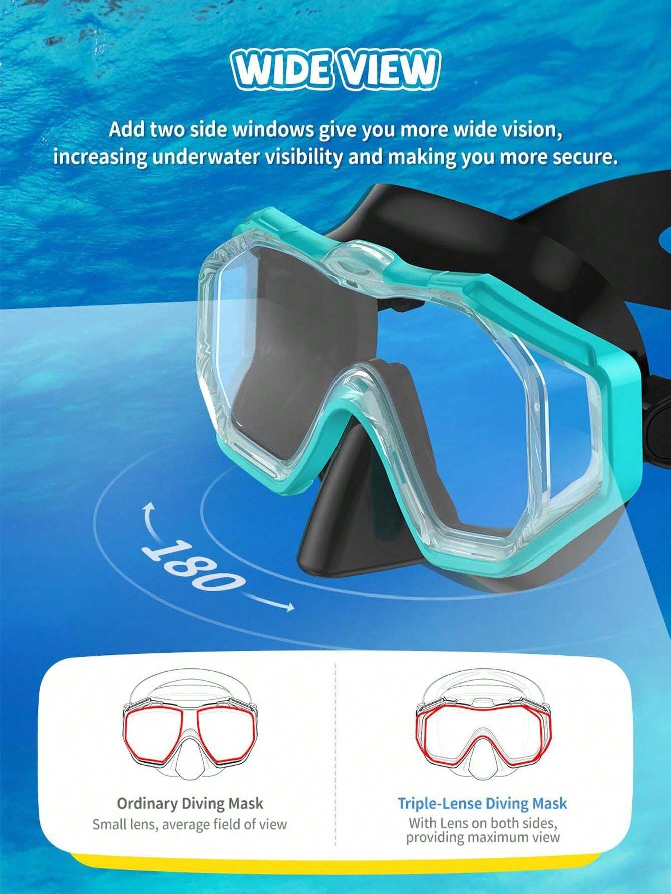 Snorkel Mask 3 Windows Panoramic Wide View HD Three-Lens Adjustable ...