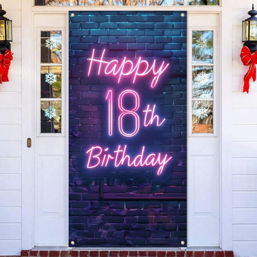 70*35 Inch Happy 18th Birthday Door Banner Neon 18th Birthday Banner ...