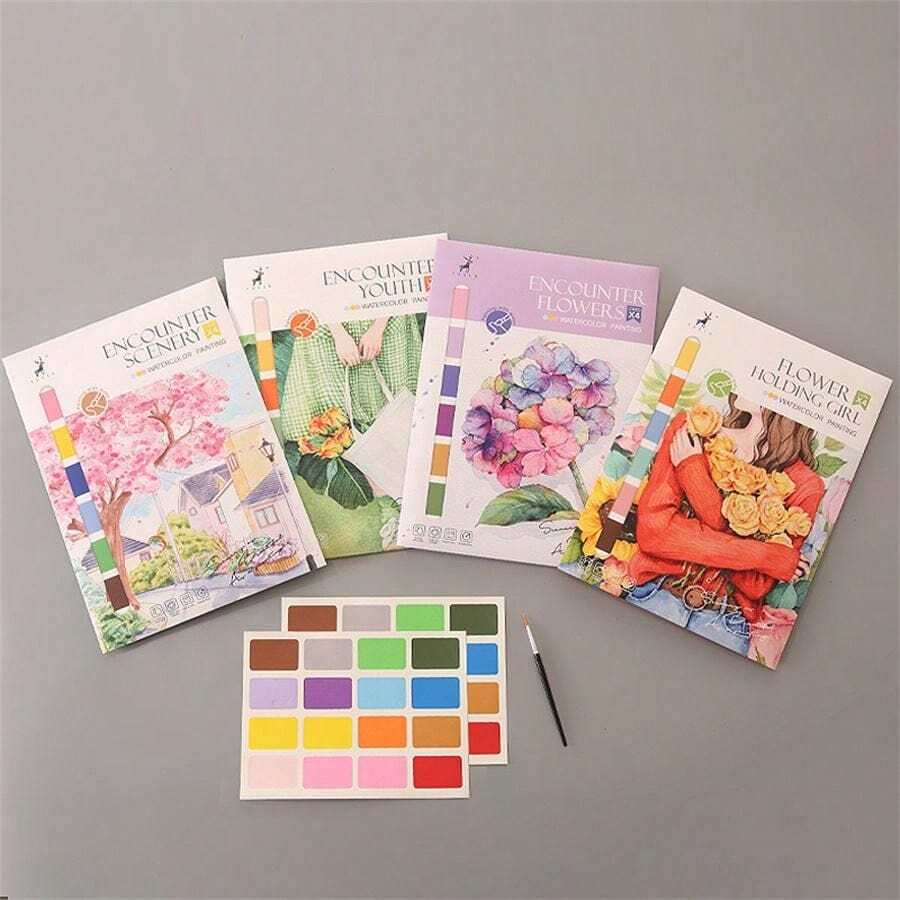 1pc Watercolor Coloring Book With 4 Pages, Comes With Paints And Brush ...