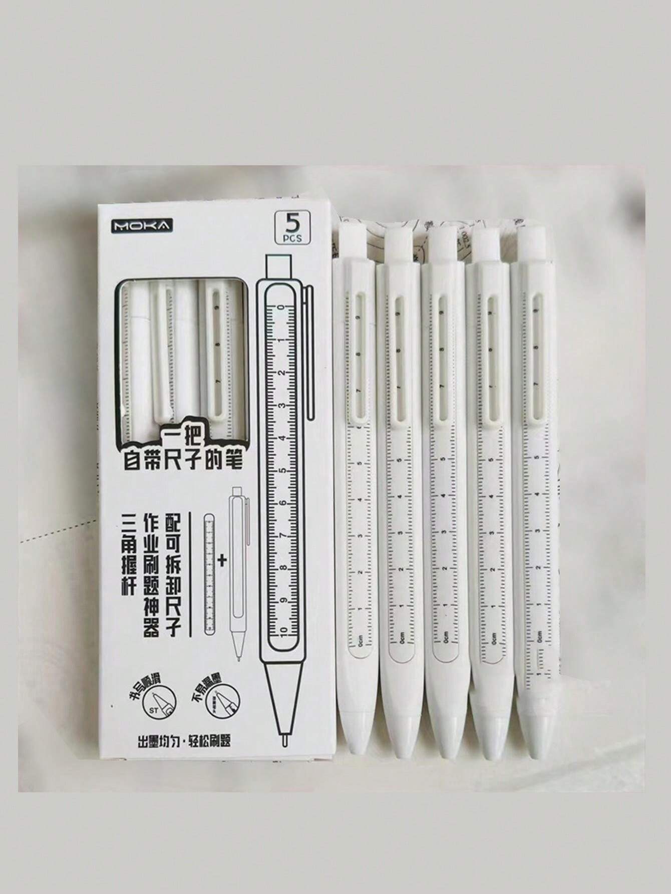 1box/5pcs Magic Pressing Neutral Pens With Built-In Ruler, Black Ink 0 ...