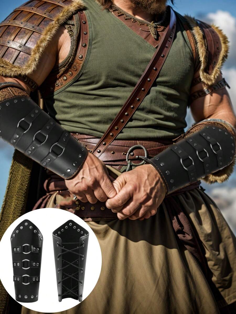 Selling In Pairs(2pcs) - Medieval Knights Black/Brown PU Leather Arm Guard, Viking Warrior ...