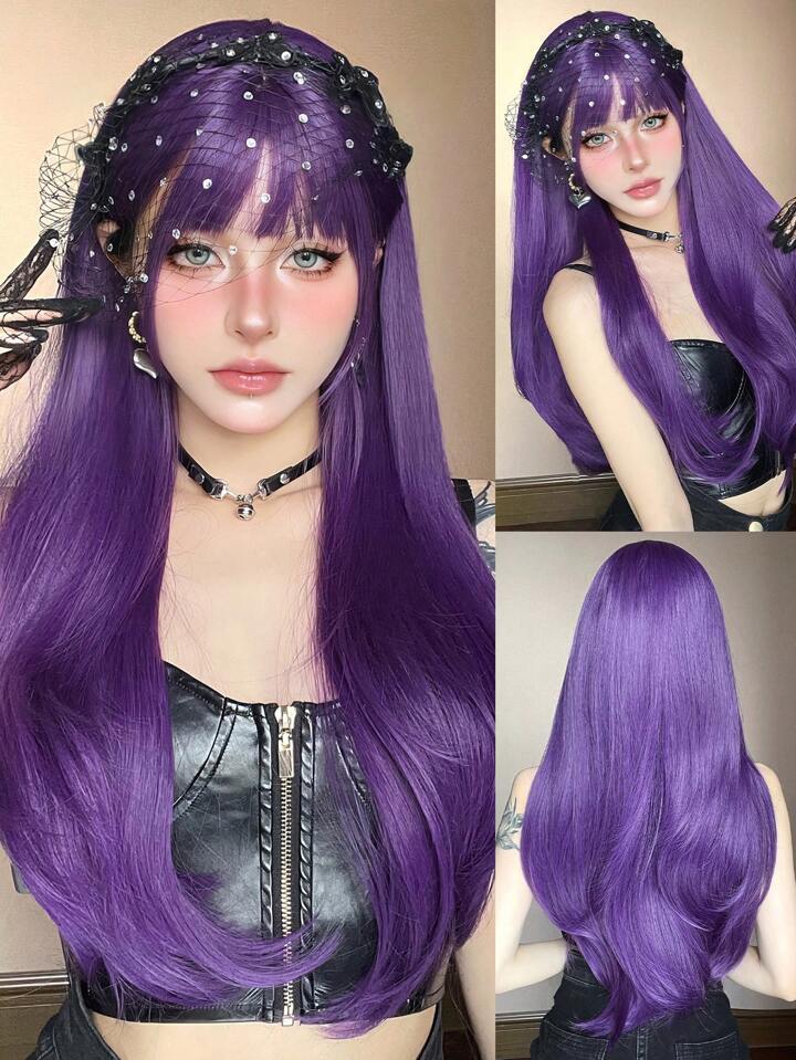 Heat Resistant Fibe Bouncy Curls Layered Fluffy Bangs Purple 26INCH Natural Top Quality Cheap Daily Party Use And Cosplay Wigs