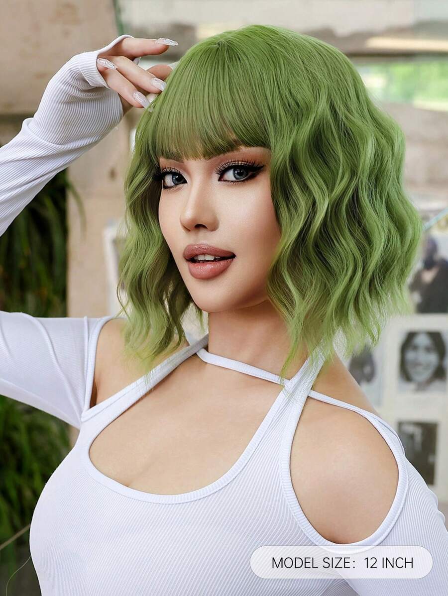 Green Wigs With Bangs For Women 14 Inch Synthetic Curly Bob Wig For ...