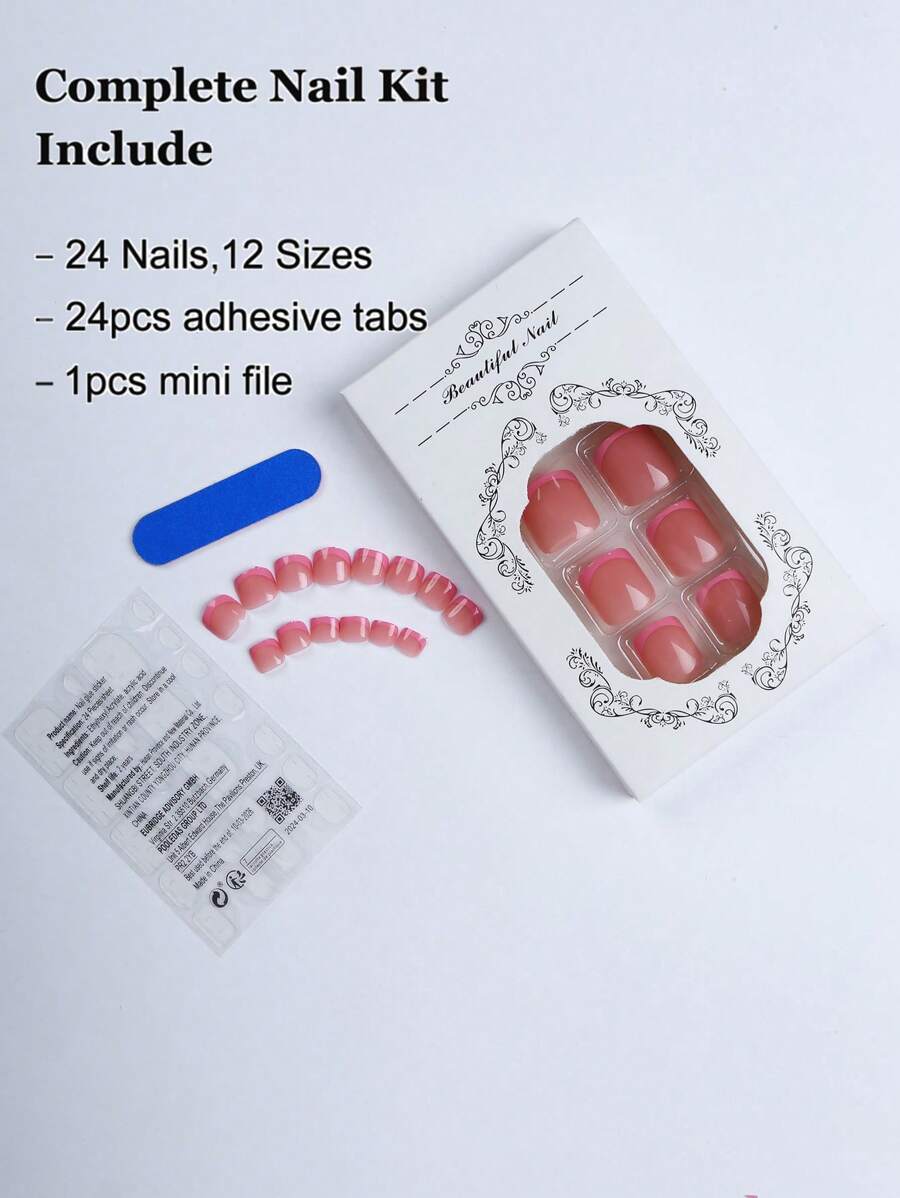 24 Pcs Short Square Press On Nails Ice Tender Pink Pink French Edge ...