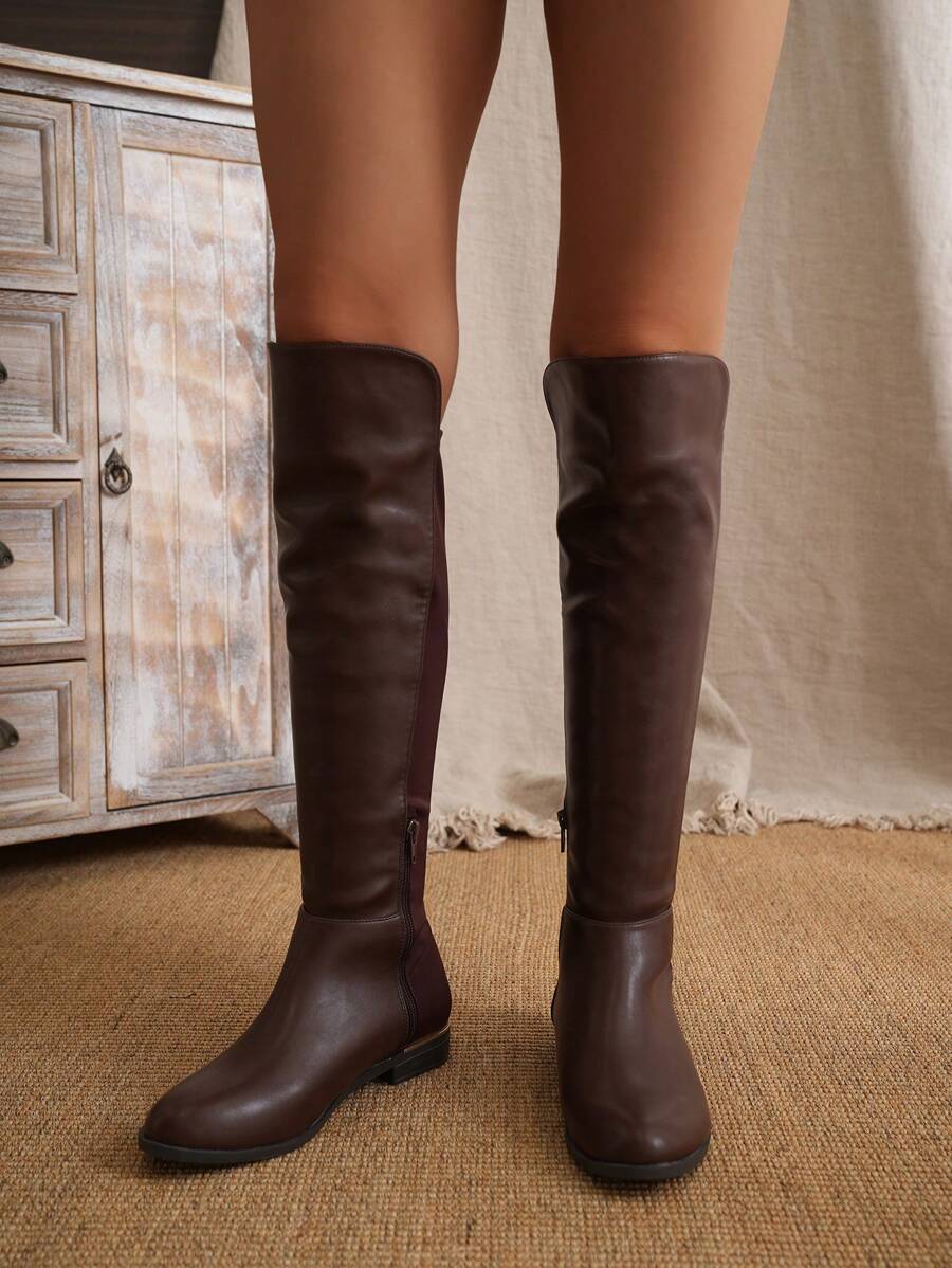 Low Heel Over-The-Knee Boots, Western Style Slim Fit Leather Boots ...