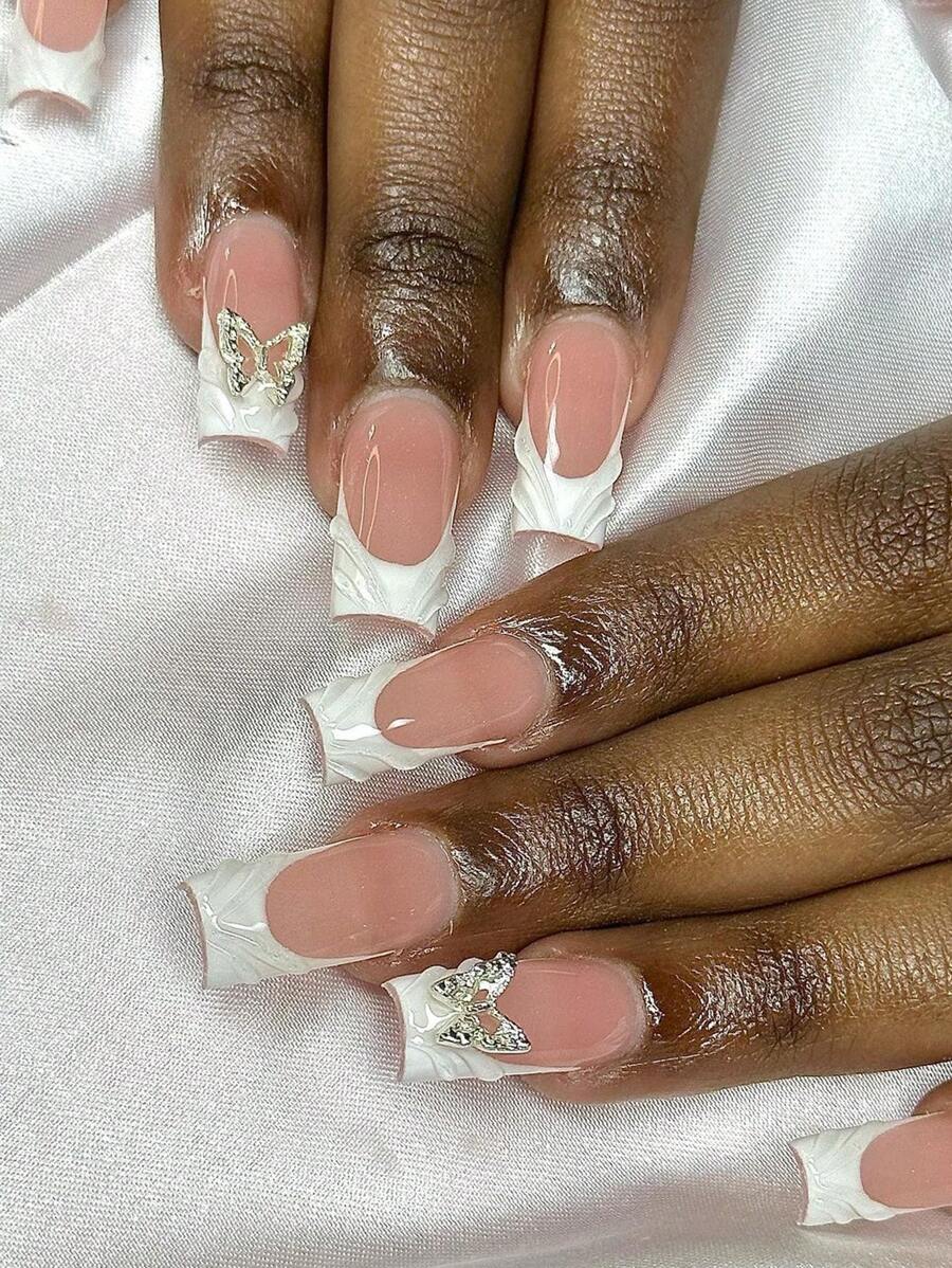 24PCS Medium Long Square Nail Cute Style White French Stereo Silver ...