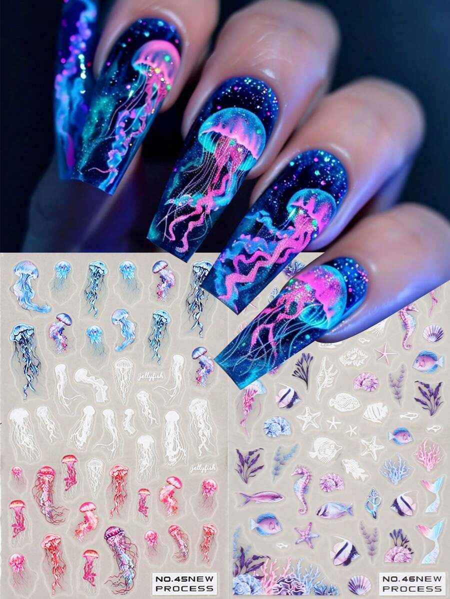 FULL BEAUTY 2pcs Cute Jellyfish Nail Art Stickers Starfish Sea Shell ...