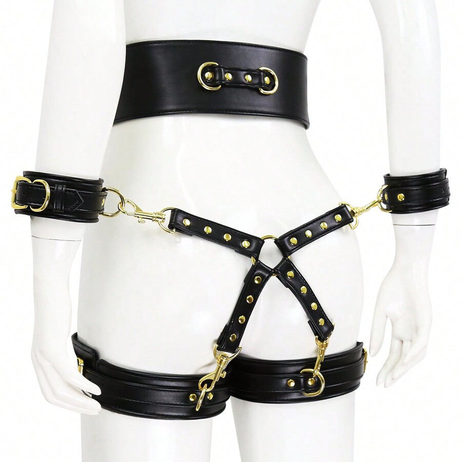 Puppy Play SM Bondage Set Waistband, Wrist & Thigh Cuffs, Cross Buckle ...