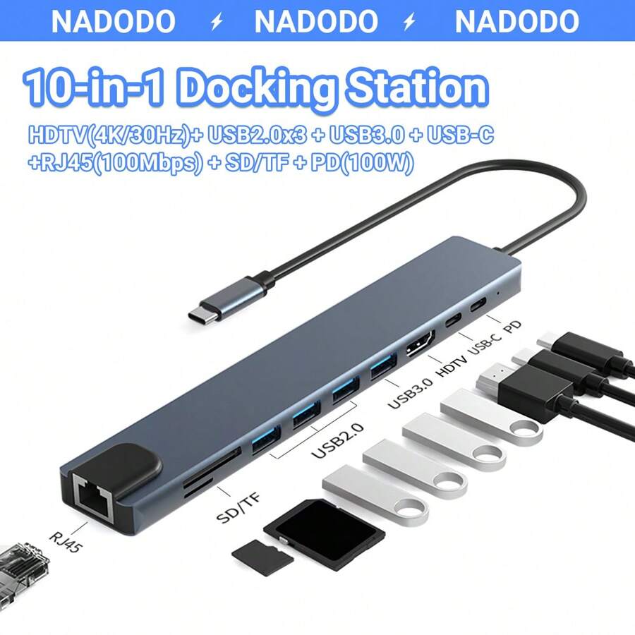 NADODO 10 IN 1 USB C Hub Ethernet, 4K@2K USB C HDTV Adapter, Multi-Port ...