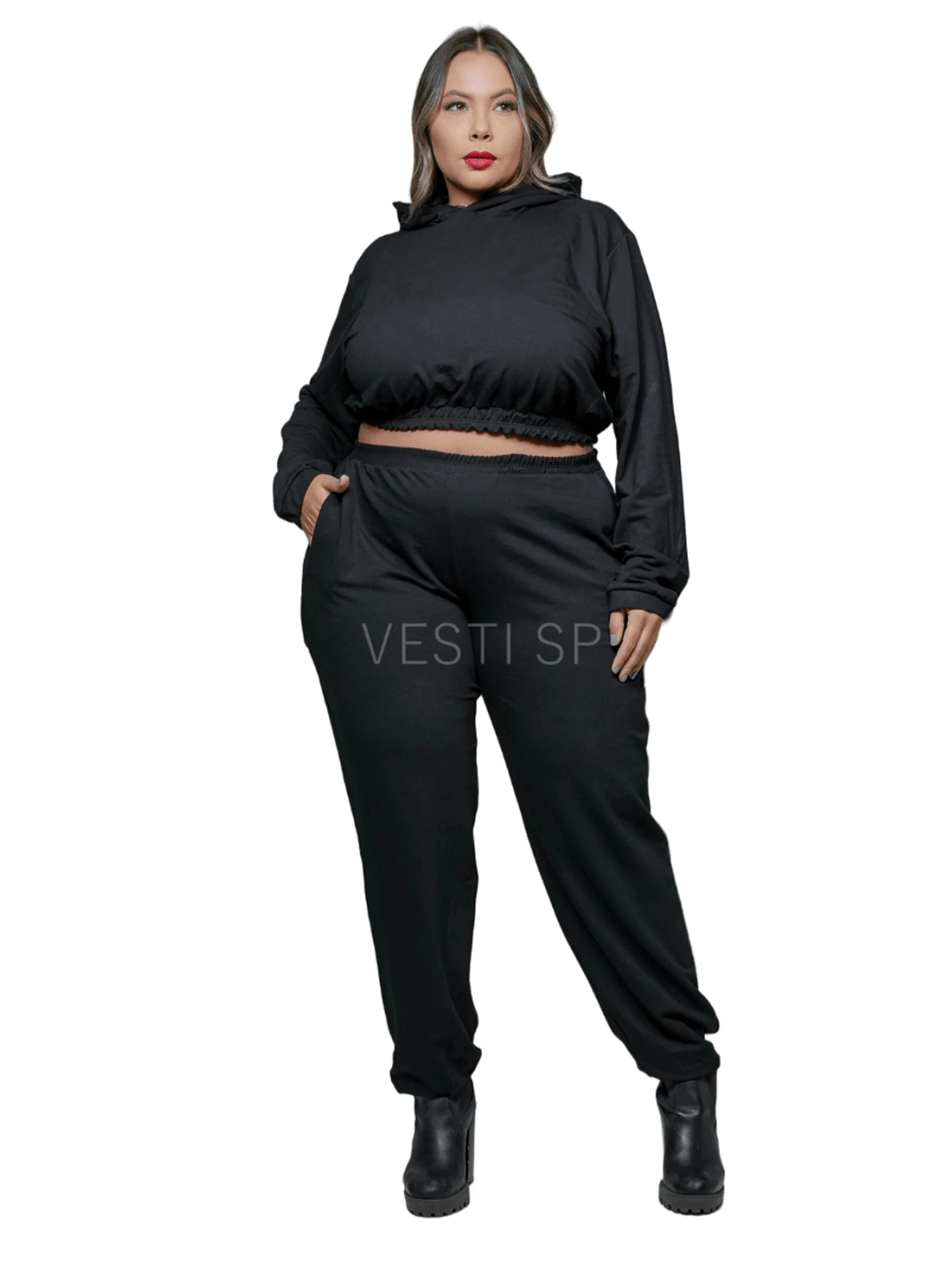Vesti Sp Conjunto Feminino Plus Size Inverno Confortável Com Capuz
