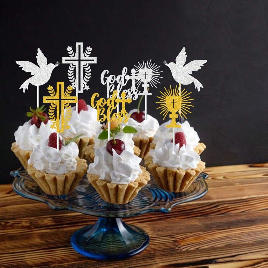 10pcs/Set Gold And Silver Glitter Cupcake Toppers For Christening, Moon ...