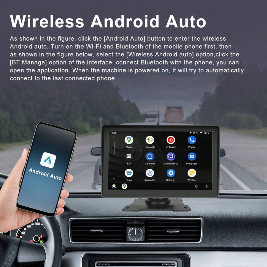 Portable Wireless Carplay Dash Mount, 7 Inch Protable Android Auto Car ...