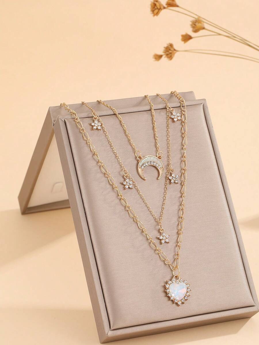 Rhinestone Star & Moon Charm Layered Necklace | SHEIN USA